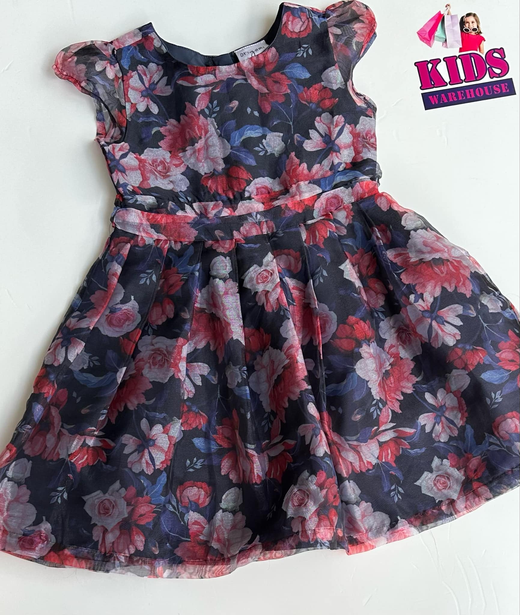 Origami Blue Dress With Flower Pattern Size 4 – Kids Warehouse AU